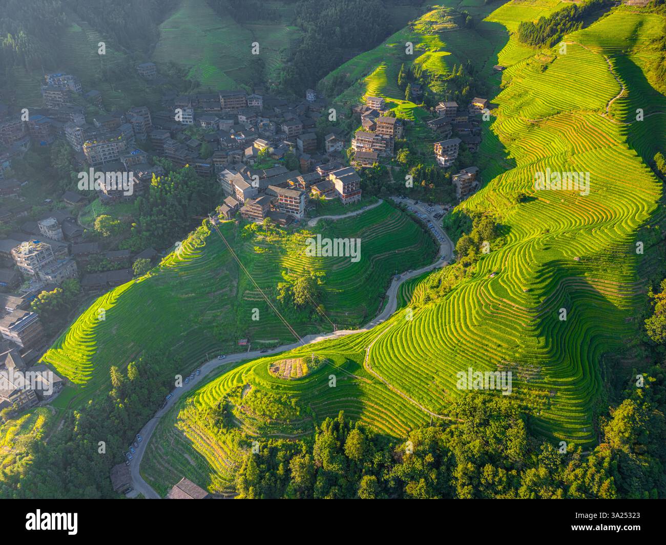 The wooden houses of the village surrounded by Longji rice terraces ...