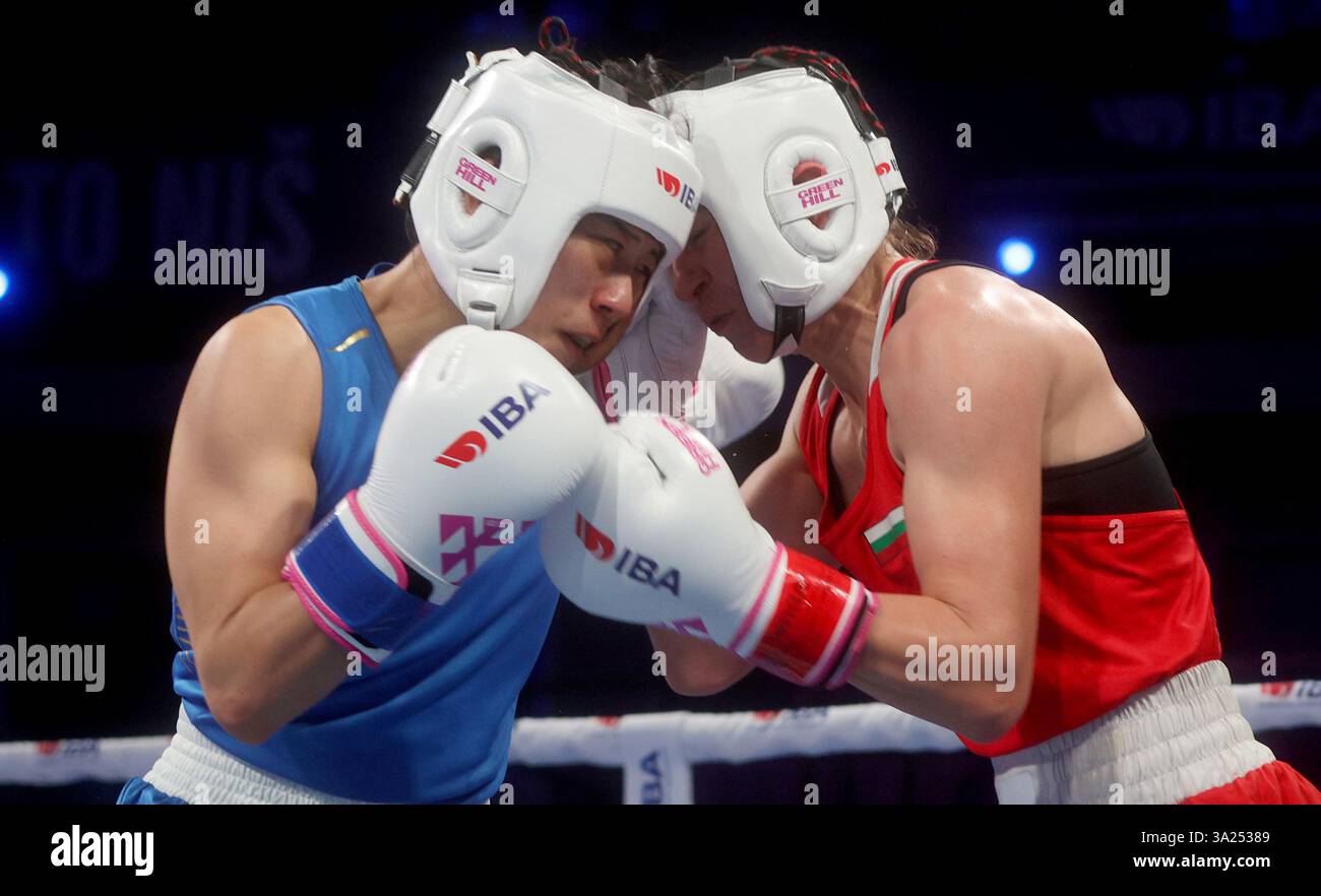 Nis, Serbia. 11th Mar, 2025. Li Qiange (L) of China competes against ...