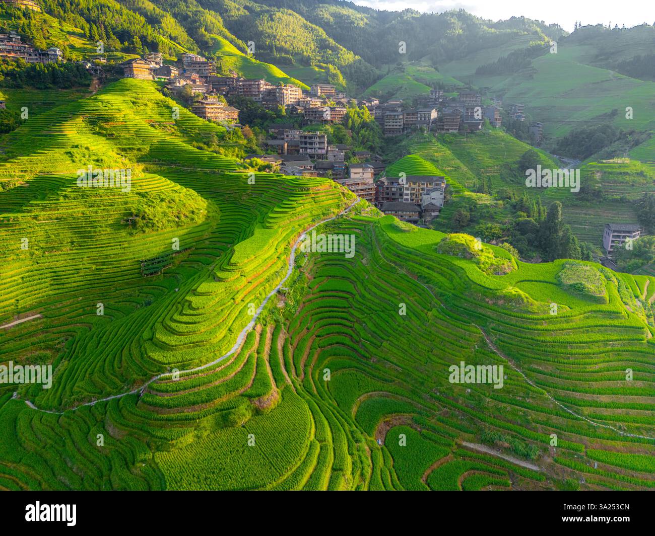 The Longji Rice Terraces in Longsheng China, Drone view of Ping An ...