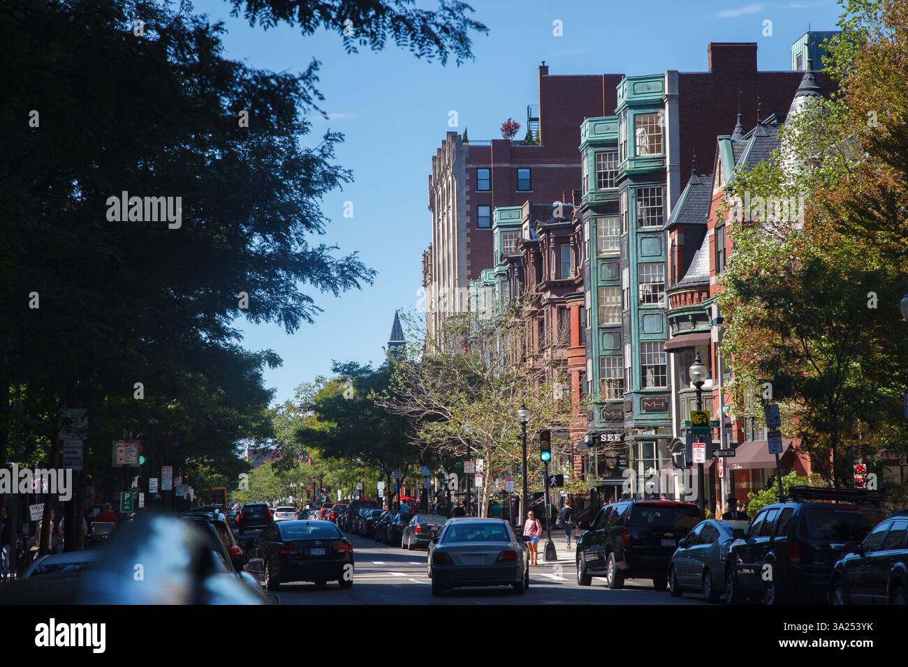 The Typical facade of th historical brick buidlings in Newbury street ...