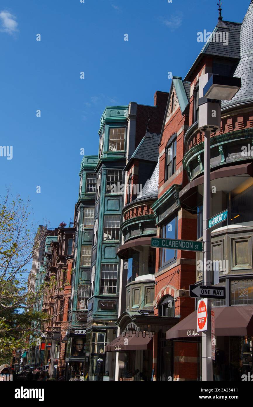 The Typical facade of th historical brick buidlings in Newbury street ...