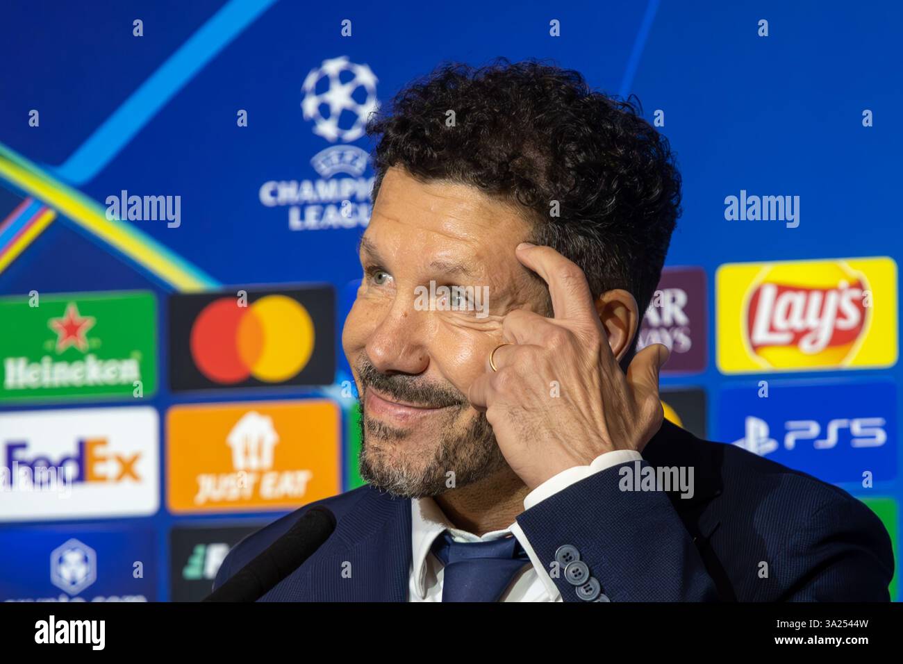 Diego Simeone, coach of Atletico Madrid speaks during the press ...
