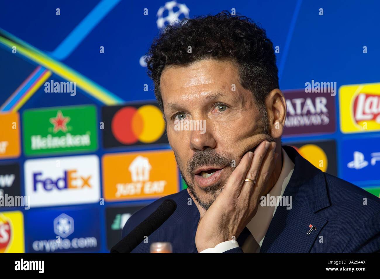 Diego Simeone, coach of Atletico Madrid speaks during the press ...