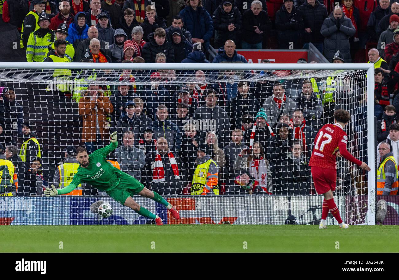 Liverpool. 12th Mar, 2025. Liverpool's Curtis Jones (R) sees his ...
