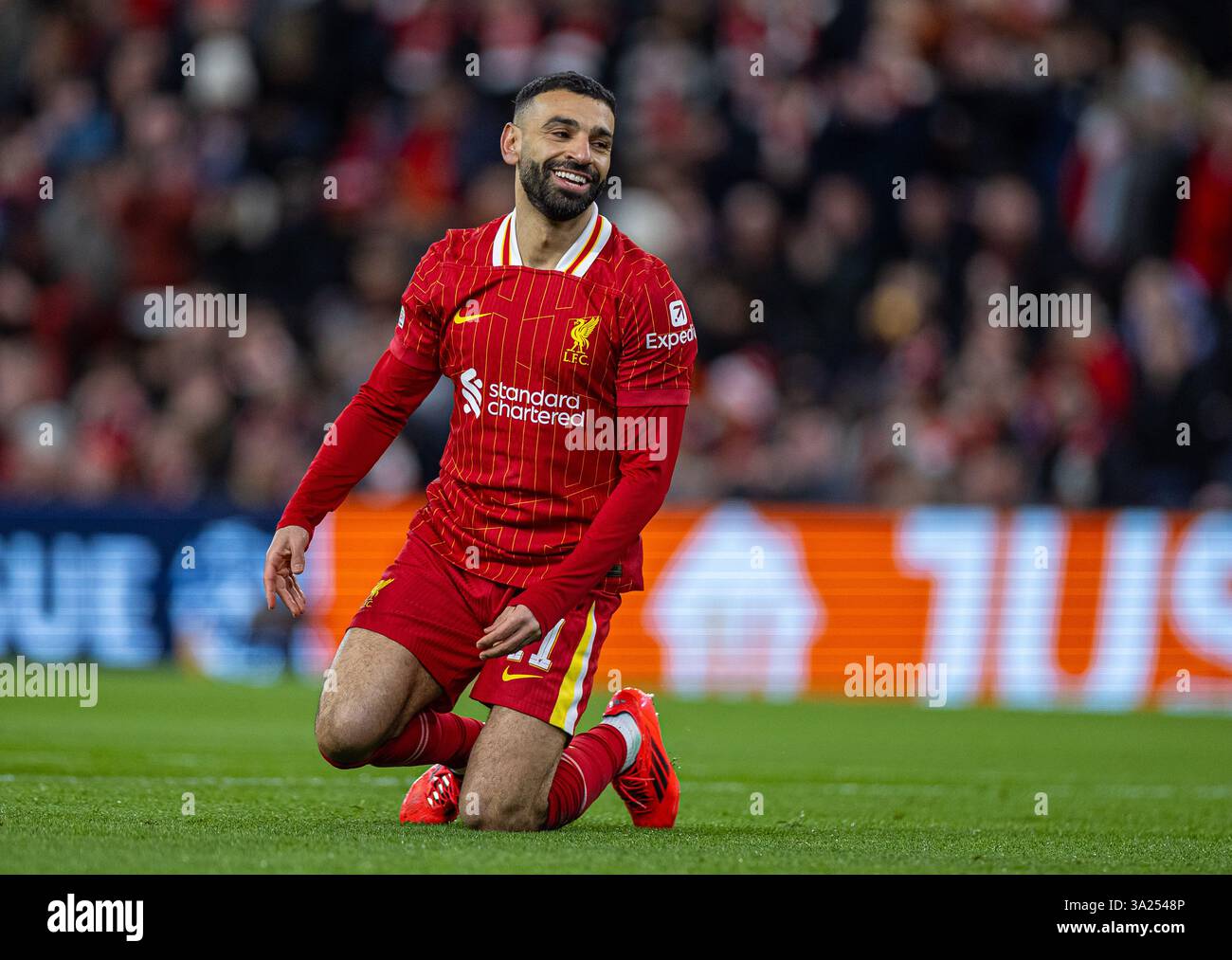 Liverpool. 12th Mar, 2025. Liverpool's Mohamed Salah reacts after ...