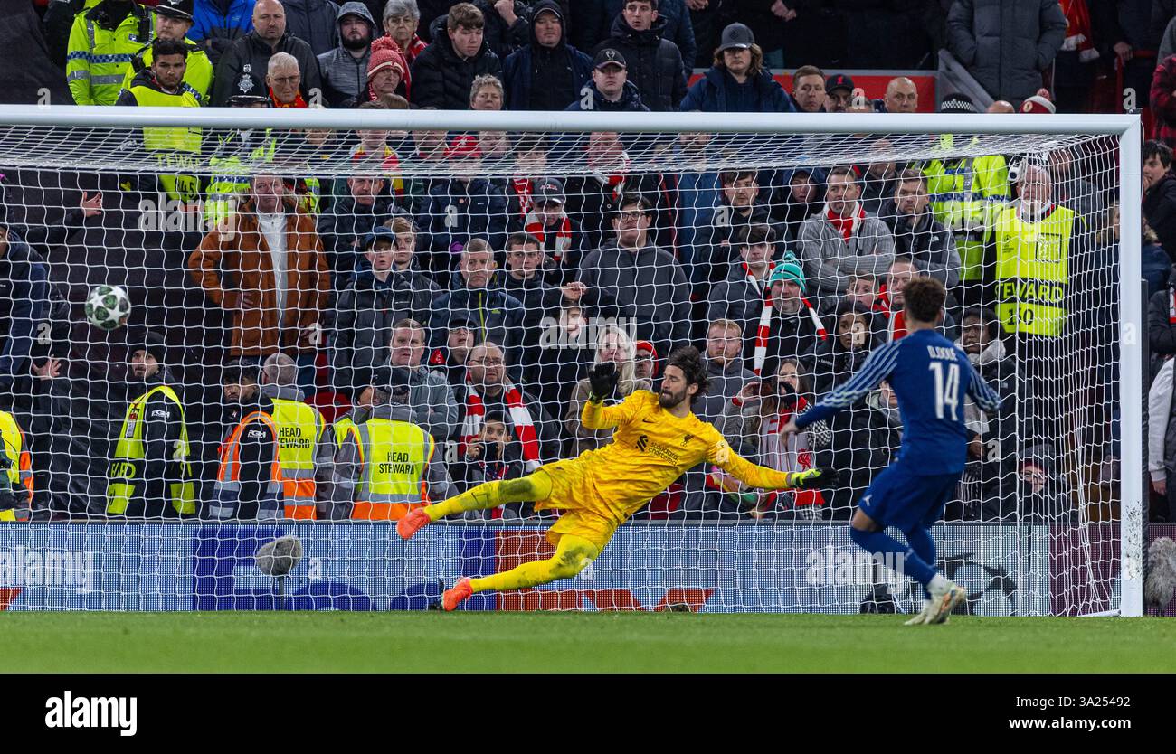 Liverpool. 12th Mar, 2025. Liverpool's goalkeeper Alisson Becker (L ...
