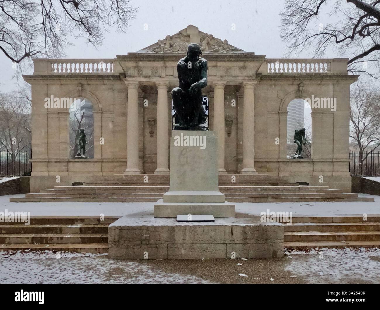 Snow coats the Thinker outside the Rodin Museum on the Ben Franklin ...