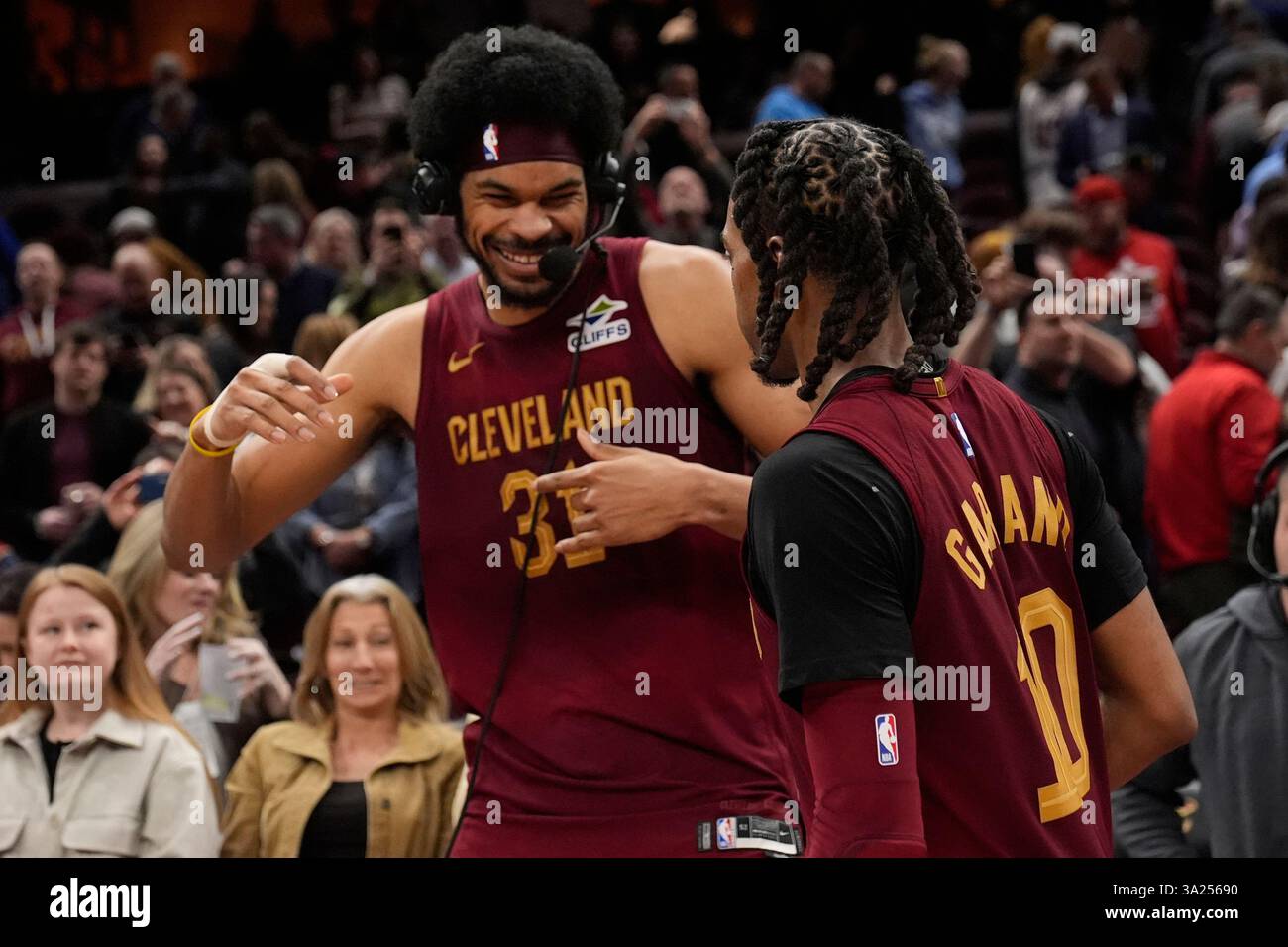 Cleveland Cavaliers center Jarrett Allen (31) and guard Darius Garland (10) celebrate after ...