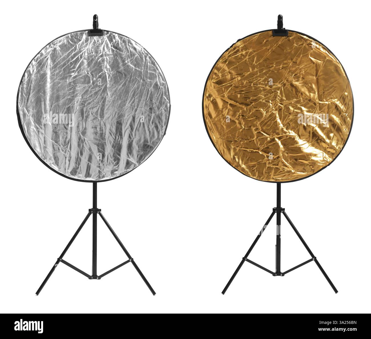 Professional reflectors on white background. Photo studio equipment ...