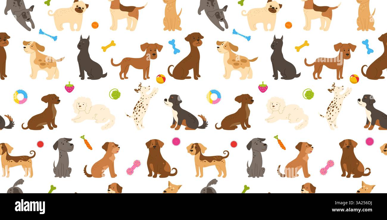 Playful dogs with dog toys seamless pattern. Cute Dogs cartoon childish ...