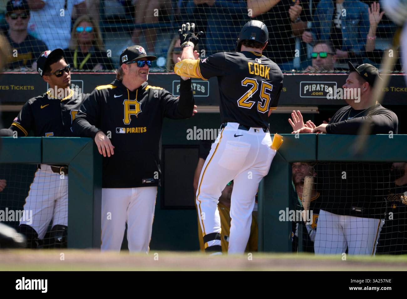 Pittsburgh Pirates Billy Cook (25) high fives coach Matt Hague after ...