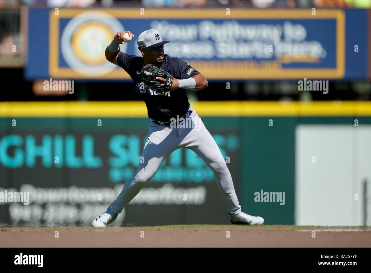 New York Yankees shortstop Roderick Arias (84) throws to first base ...