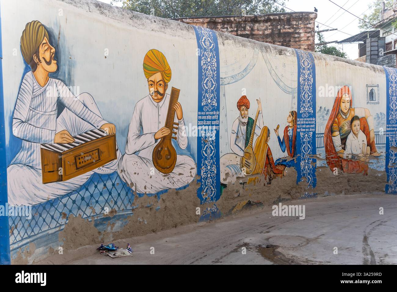 artistic wall painting at city street at morning from unique angle ...