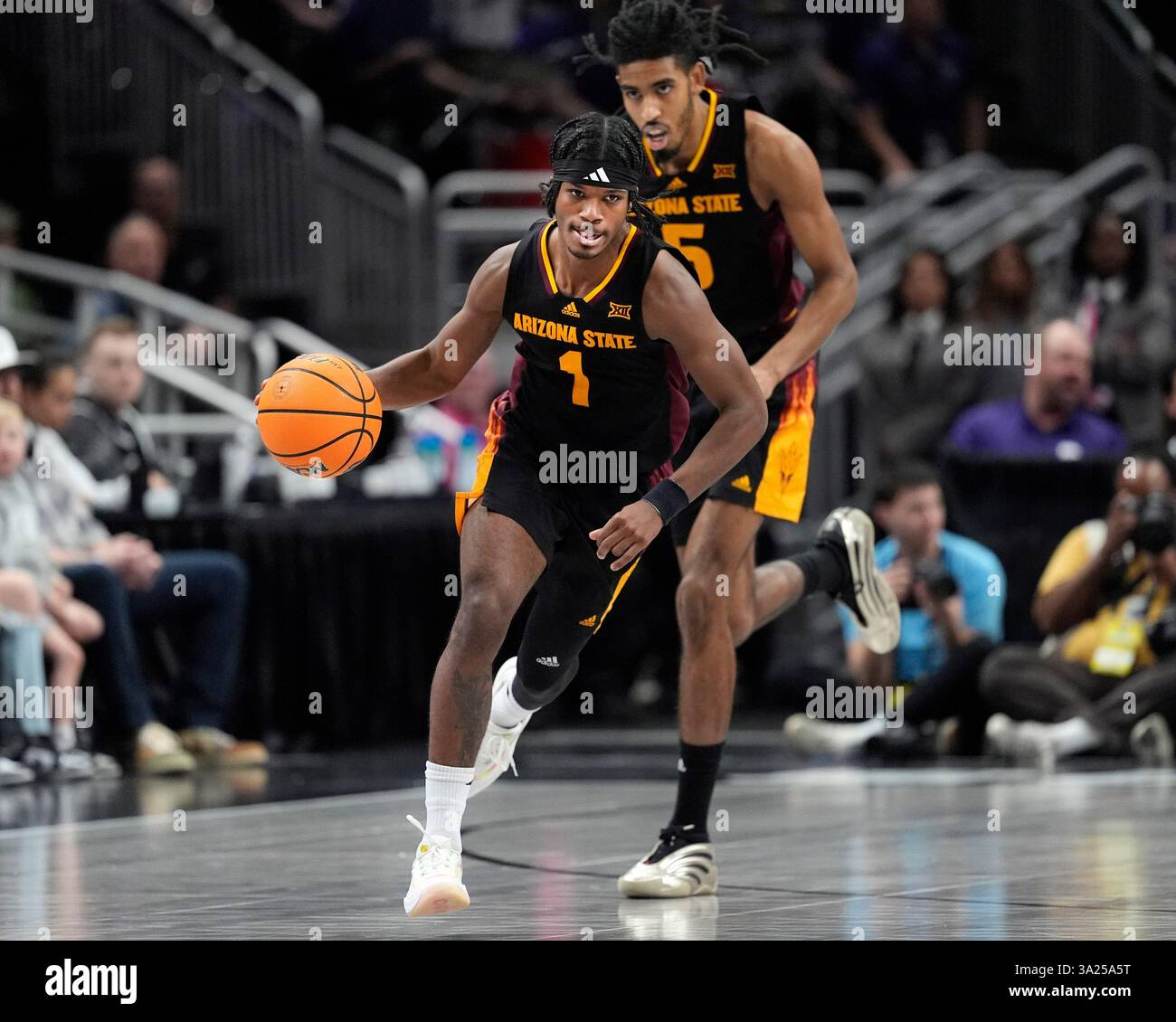 MAR 11 2025: Arizona State Sun Devils guard Alston Mason (1) brings the ...