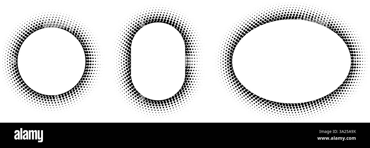 Black halftone ellipse frame set. Round dotted gradient border ...