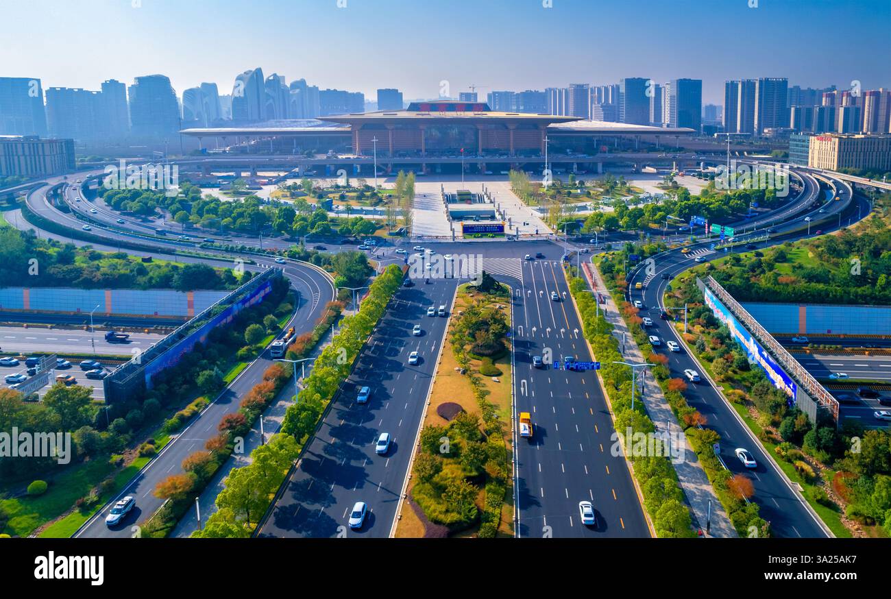 Aerial view of Nanjing South Station, Jiangsu Province, China Stock ...