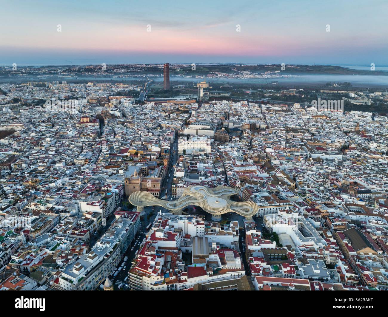 Aerial view of Seville historic town center Casco antiguo with churches ...