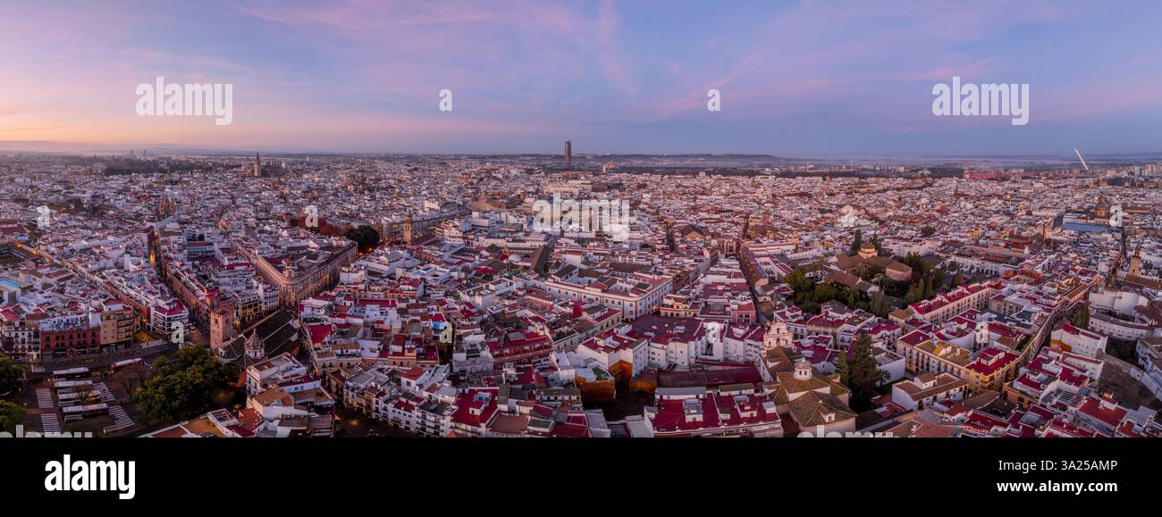 Aerial view of Seville historic town center Casco antiguo with churches ...