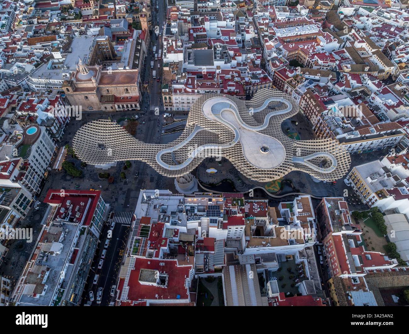 Aerial panorama of Seville Setas, mushrooms, modern architectural ...