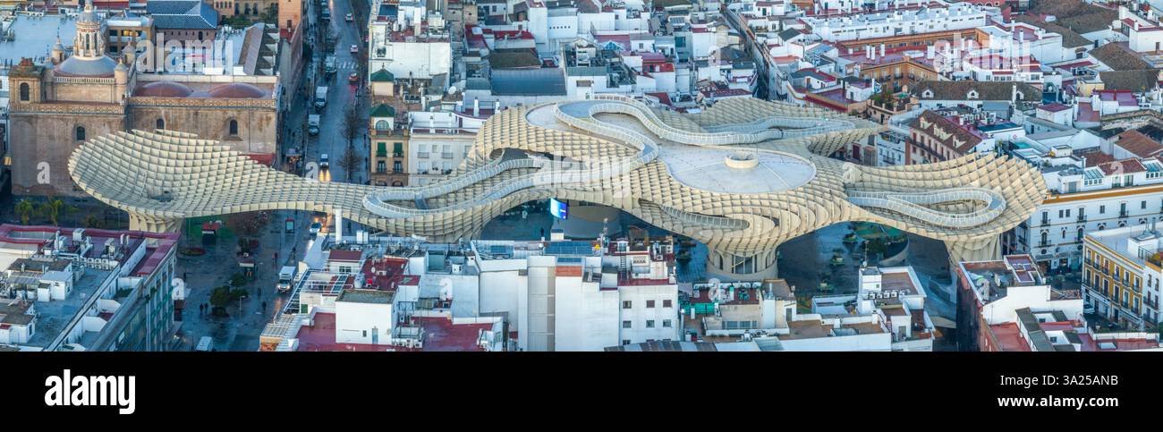 Aerial panorama of Seville Setas, mushrooms, modern architectural ...