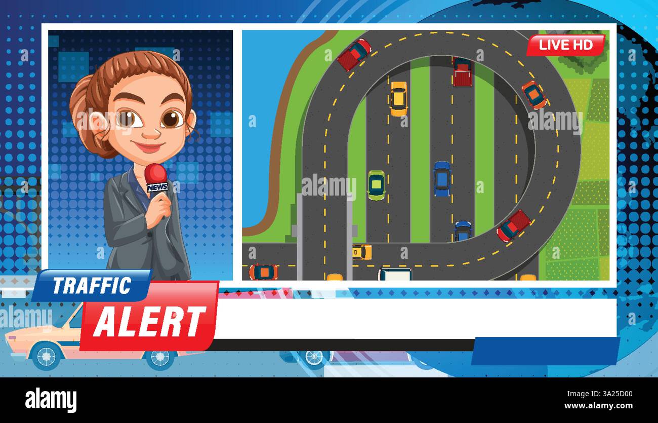Vector illustration of a news reporter presenting a live traffic update ...