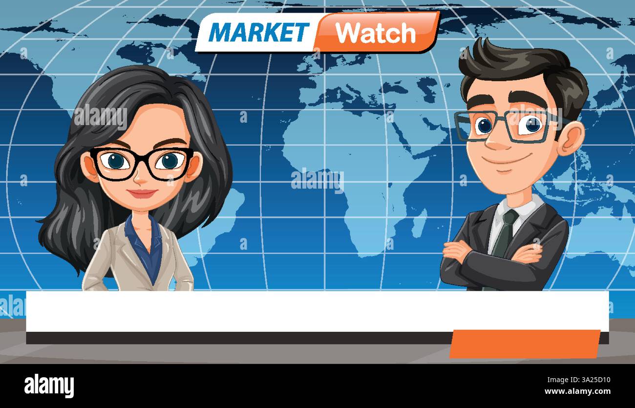 Vector illustration of two animated news anchors with a world map background, ideal for media ...