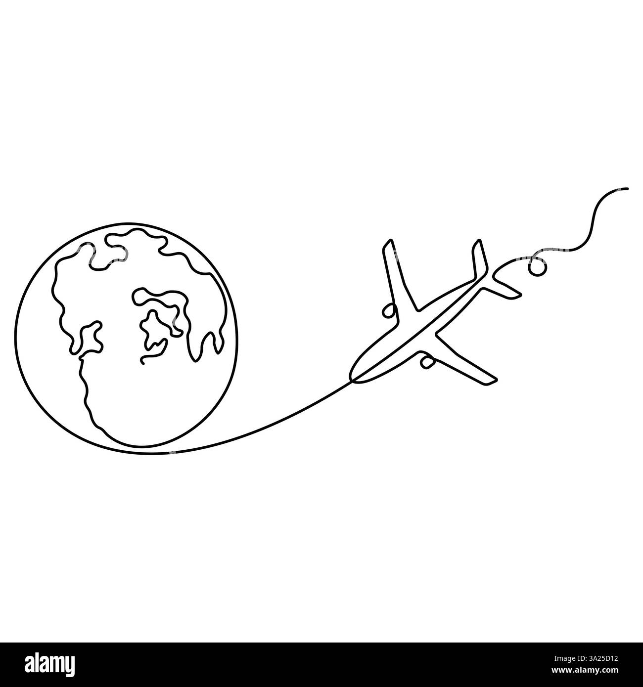 Continuous one line drawing of airplane flying around the planet earth ...
