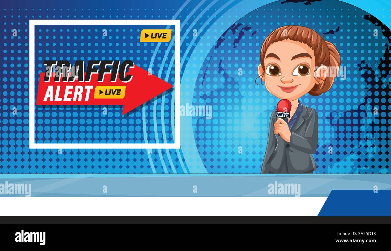 Vector illustration of a news anchor delivering a live traffic alert ...
