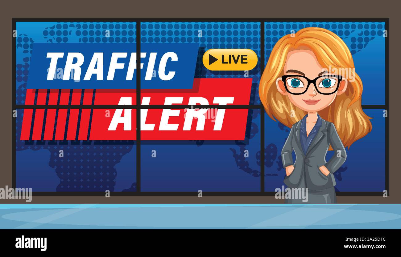 Vector illustration of a news anchor presenting a live traffic alert ...