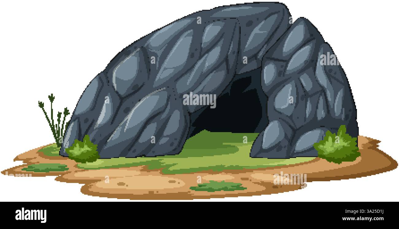 Vector illustration of a rocky cave entrance with surrounding greenery ...