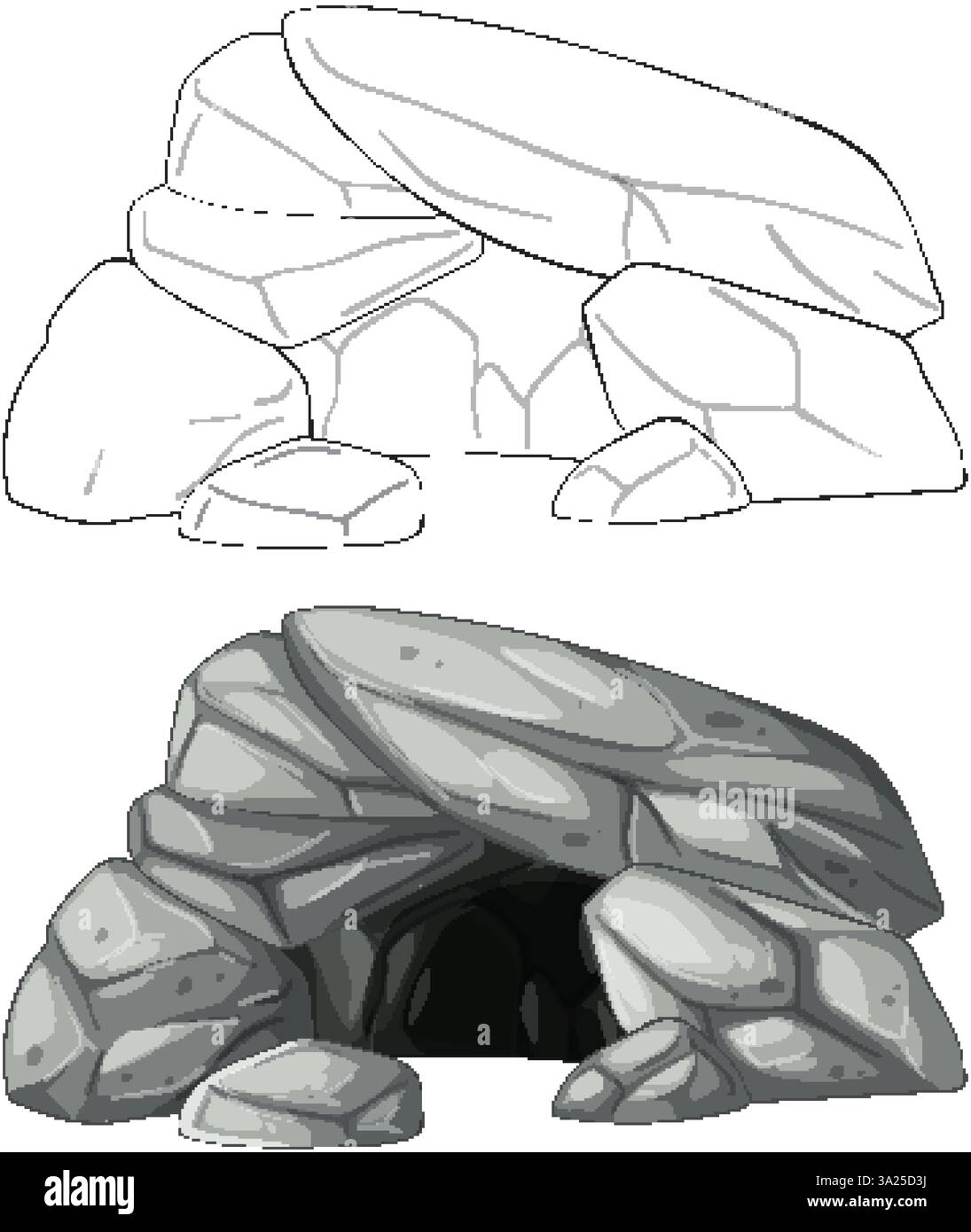 Detailed vector illustration of a stone cave with layered rocks ...
