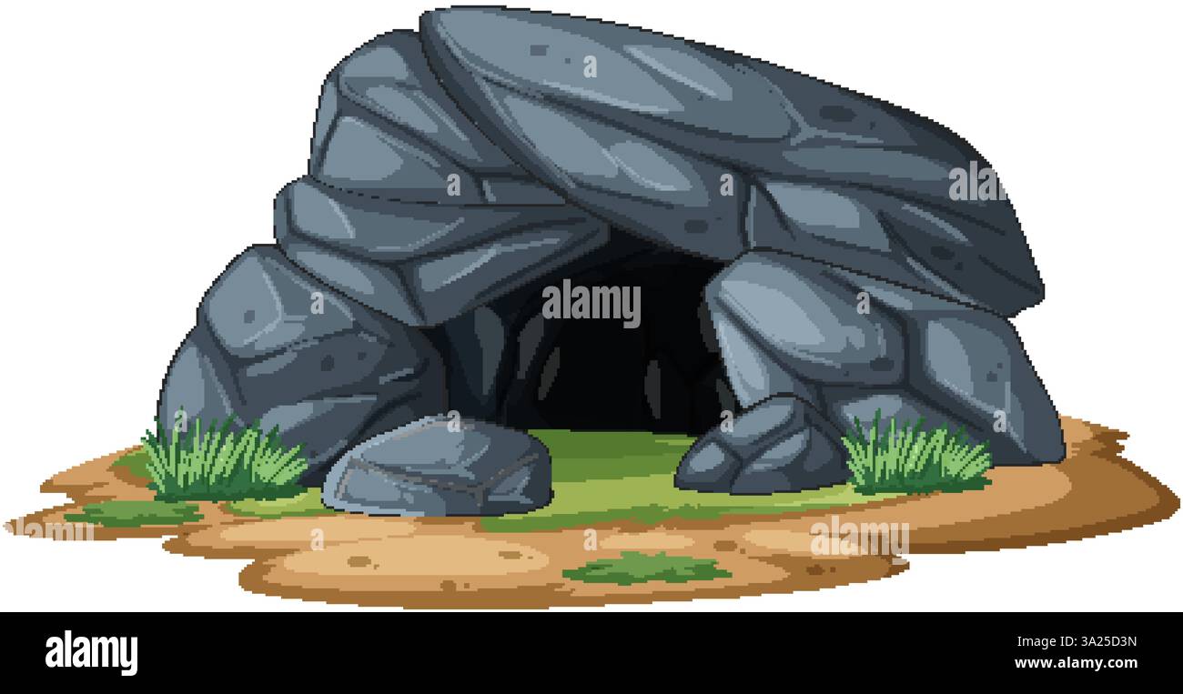 Vector illustration of a rocky cave entrance with grass, featuring bold ...