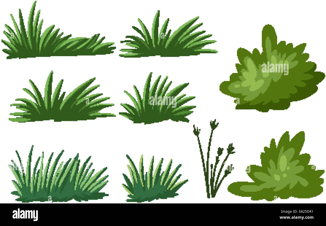 A collection of stylized green foliage illustrations, featuring various ...