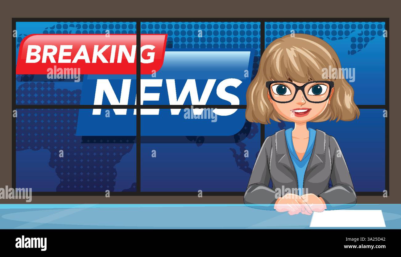 Vector illustration of a news anchor at a desk, featuring bold colors ...