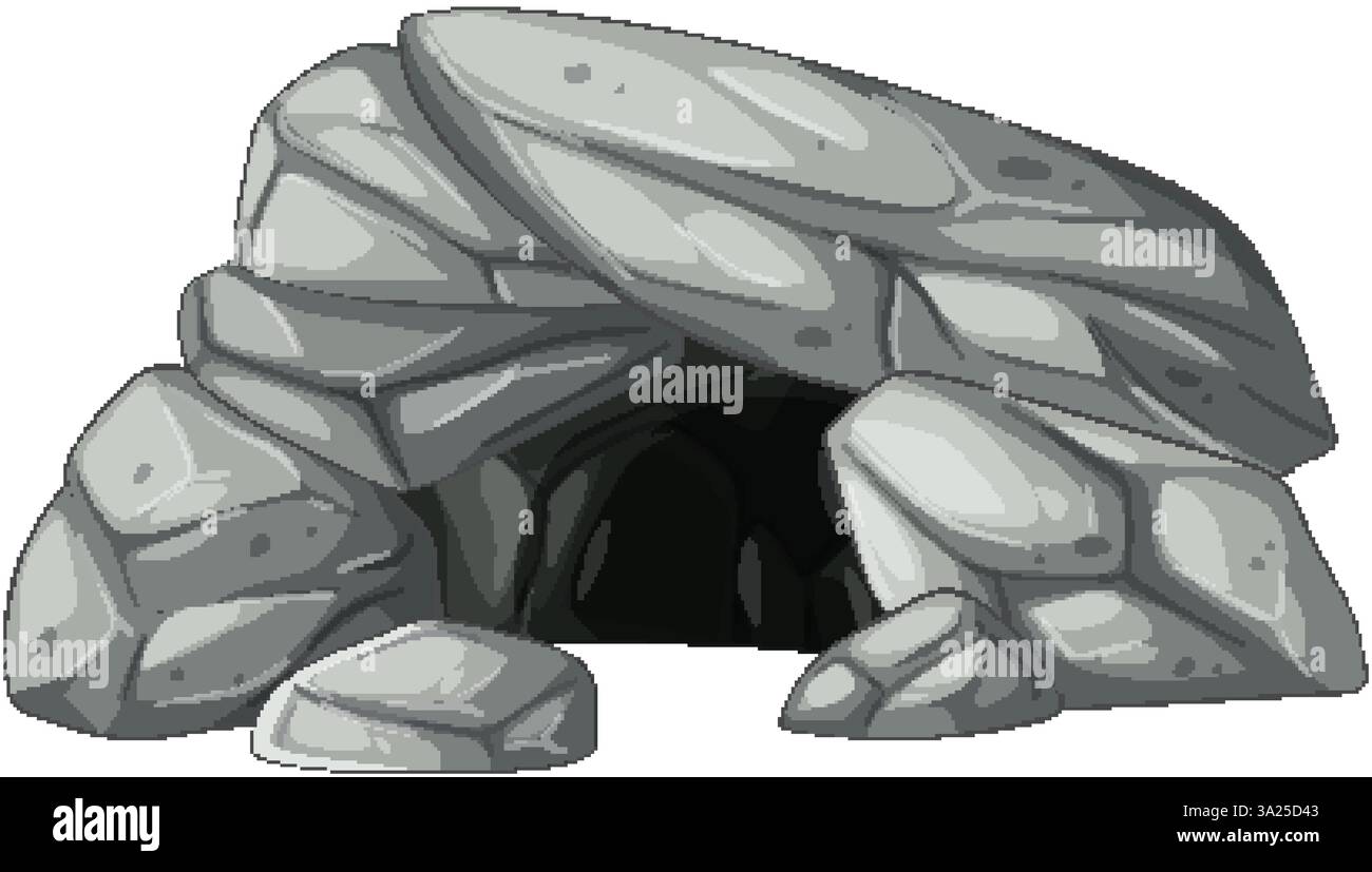 Vector illustration of a rocky cave entrance with detailed shading and ...