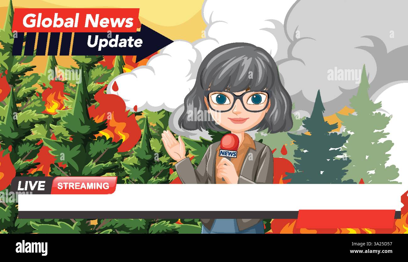 Vector illustration of a news reporter covering a forest fire ...