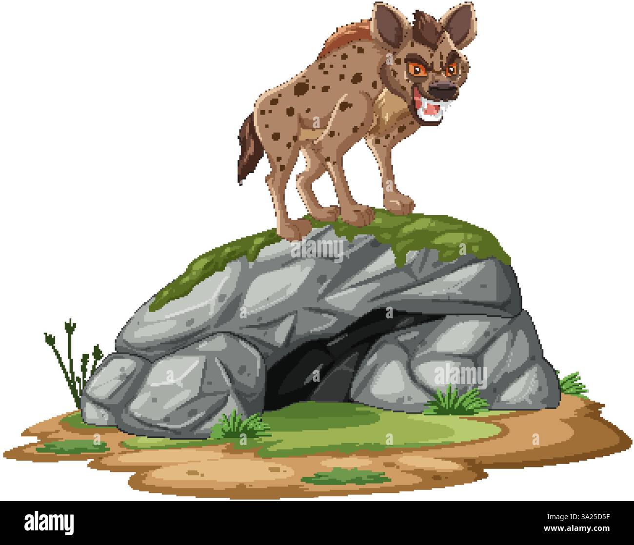 Vector illustration of a hyena on a rock, showcasing detailed textures ...