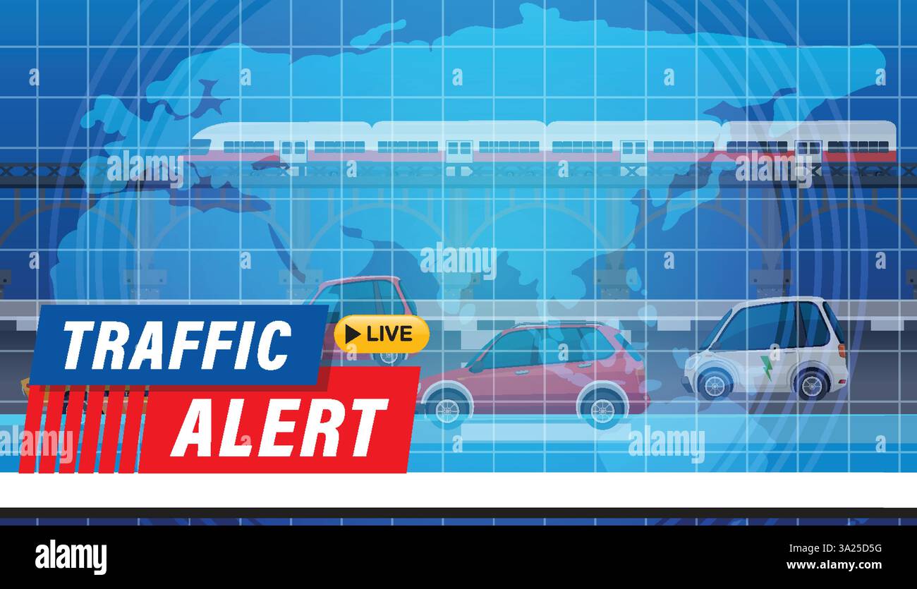 Vector illustration depicting a live traffic alert with cars and a ...