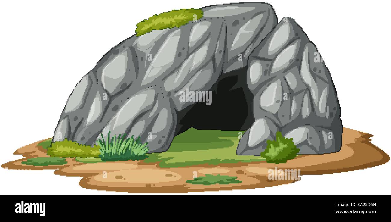Vector illustration of a rocky cave entrance with grass and moss ...