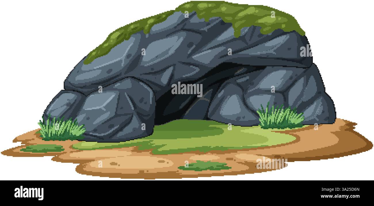 Vector illustration of a rocky cave entrance, featuring moss and grass ...