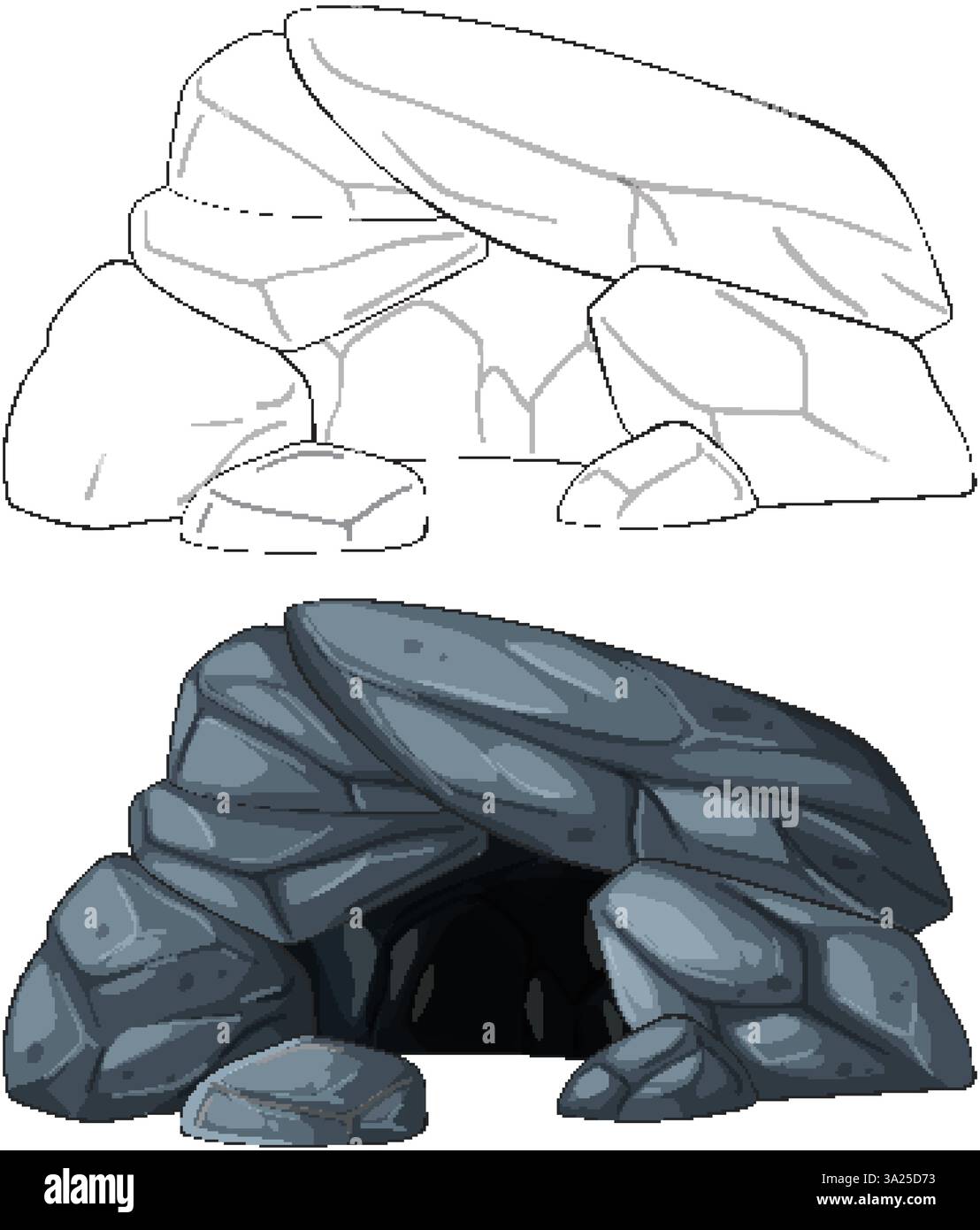 Vector illustration of a rock cave with detailed shading and line art ...