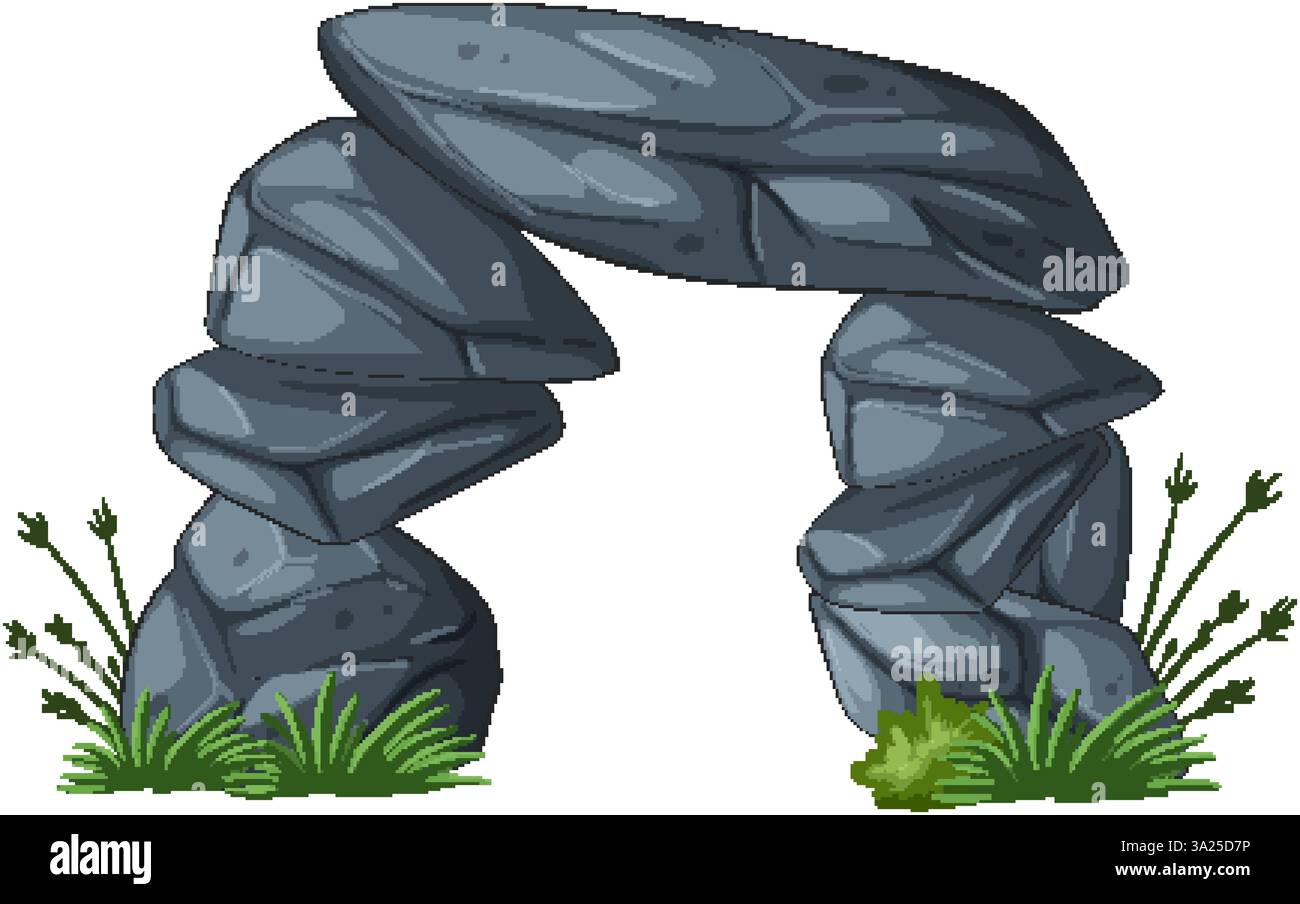 Vector illustration of a stone arch surrounded by grass, showcasing a ...