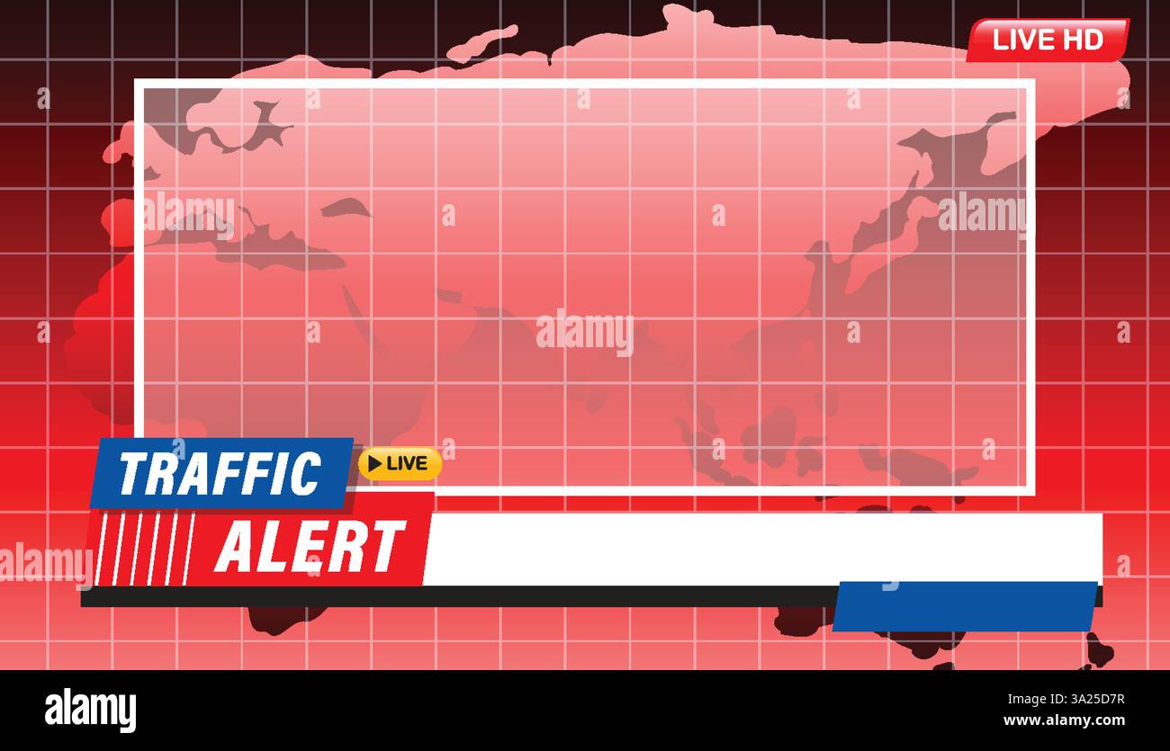 Vector illustration of a live traffic alert screen with bold colors and ...