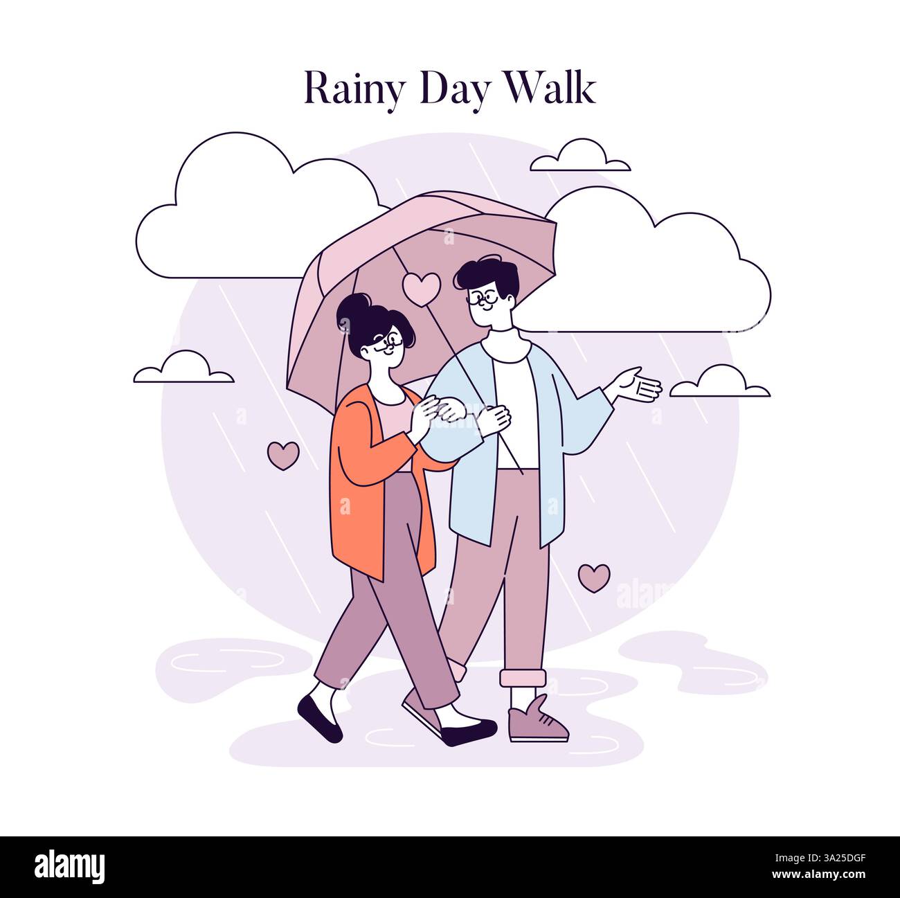 First Love concept. A couple joyfully walks together under an umbrella on a rainy day, sharing a ...