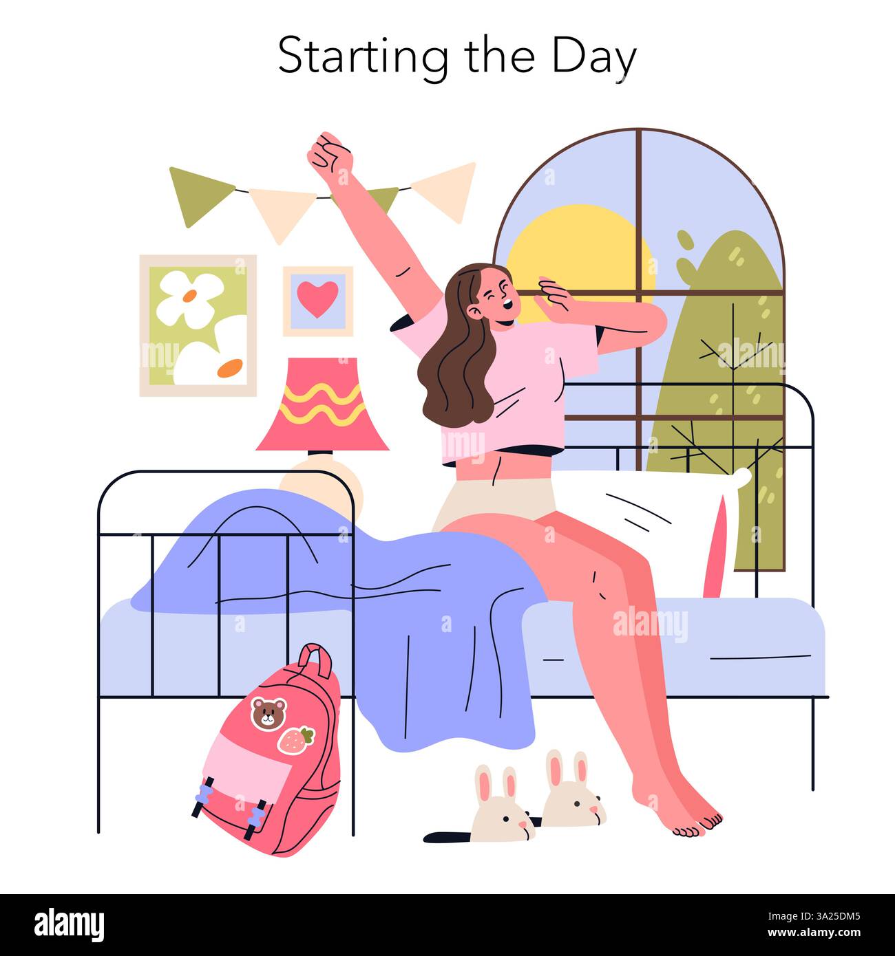 Morning routine begins with a cheerful character waking up in a cozy ...