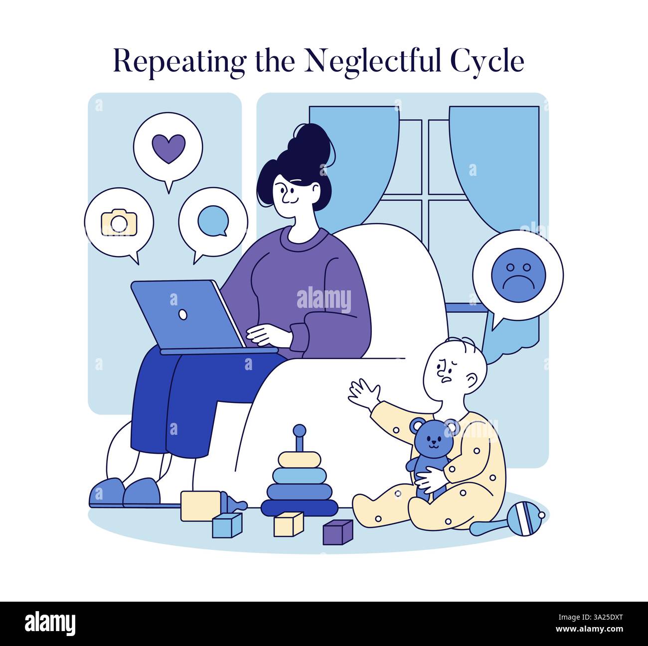 Neglectful parenting illustrated through a mother distracted by ...
