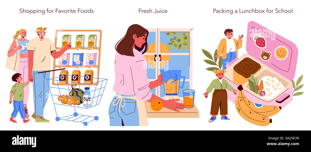 Family breakfast activities illustration. Engaging scenes of shopping ...