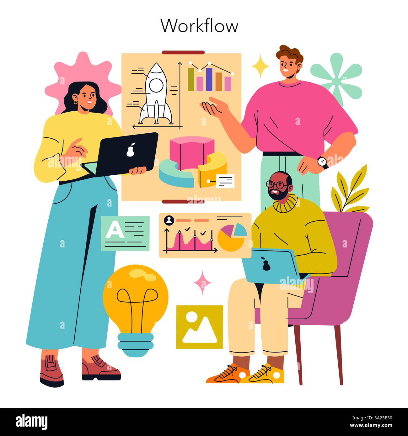 Workflow illustration representing team collaboration and productivity. It features diverse ...