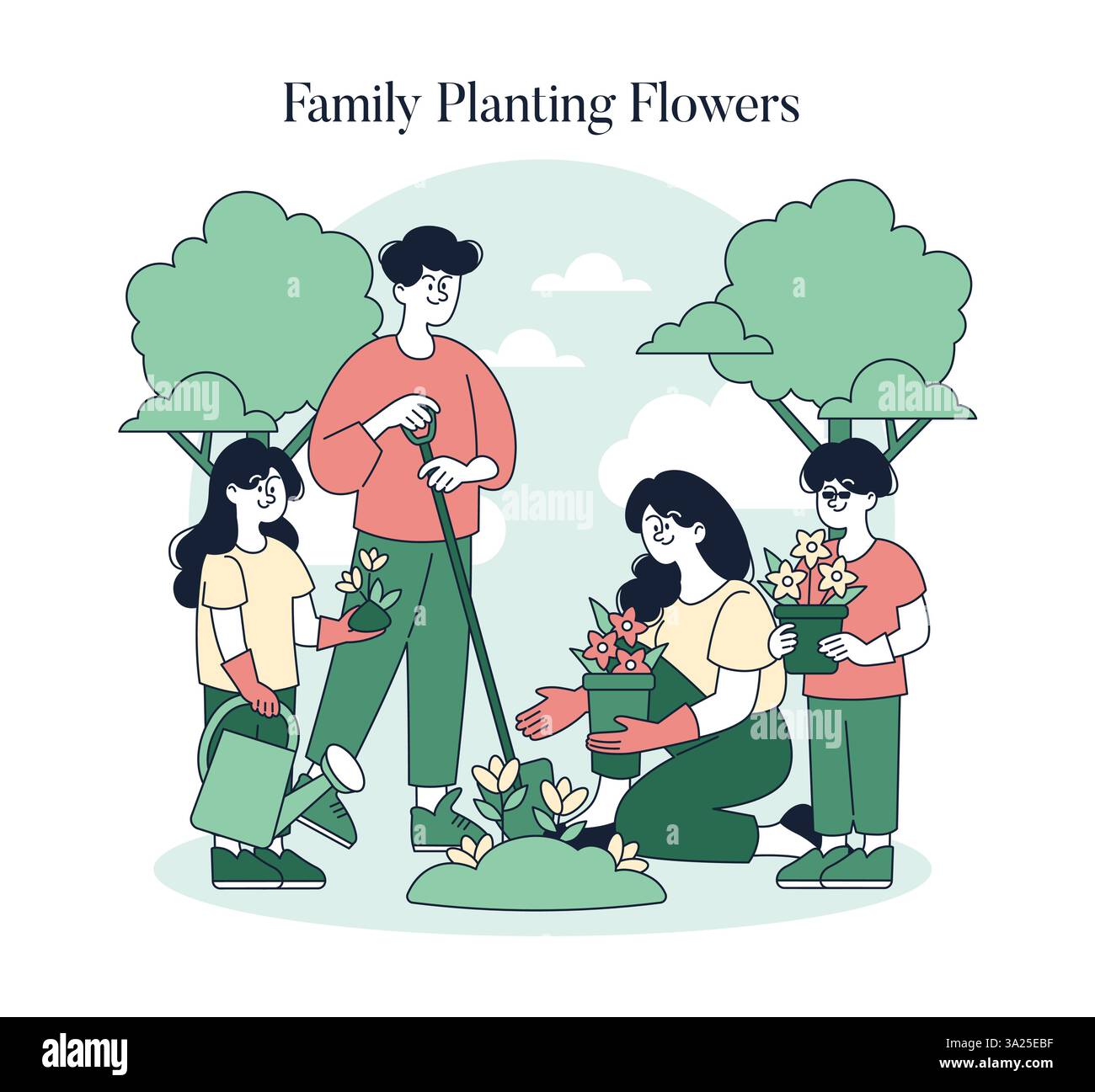 Family engages in planting flowers together during early spring. The ...