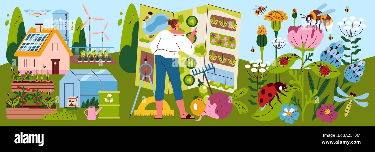 Self Sufficient Garden concept. An illustration showing a thriving self ...